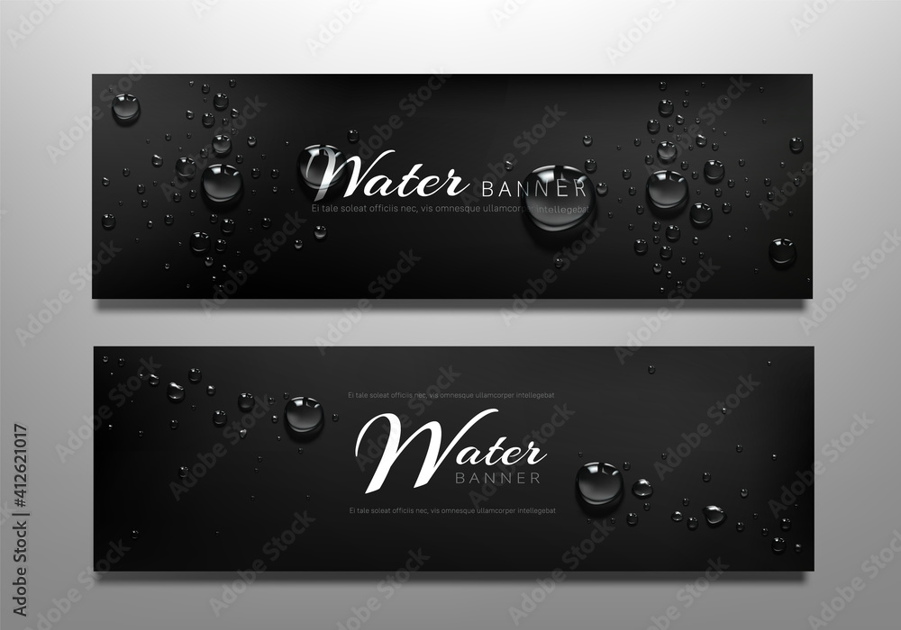 Water drop banners, black background with liquid bubbles or aqua ...