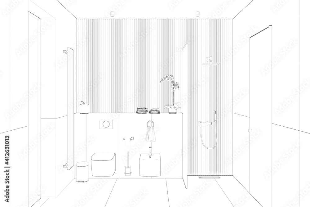 Sketch of the bathroom with window and door, shower room with partition ...