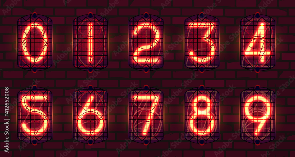 Set of retro neon numbers from red lamps in-12, nixie tube indicator ...