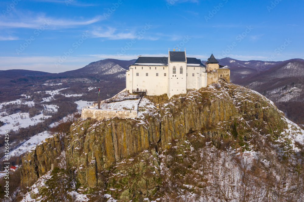 Füzér, Hungary - Aerial view of the famous castle of Fuzer built on a ...