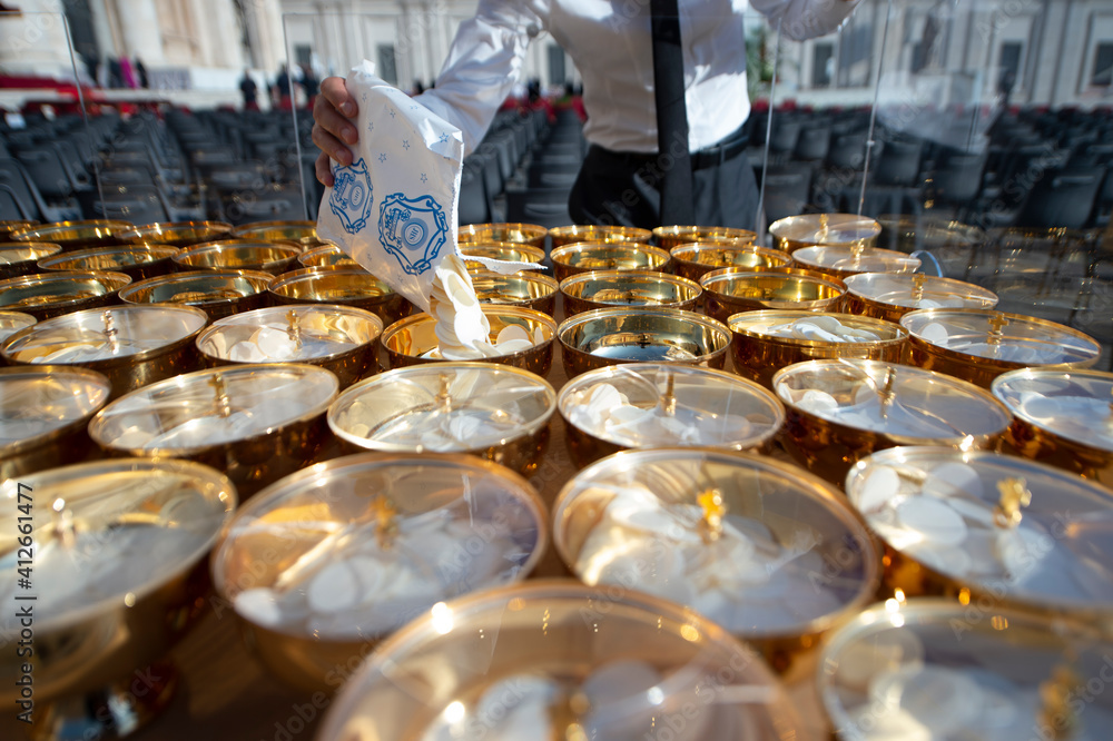 Vatican City, September 29, 2019: Preparing ciborium of the holy ...