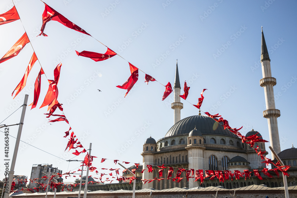 Mosque and Turkish flags in Taksim Square Istanbul Stock Photo | Adobe ...