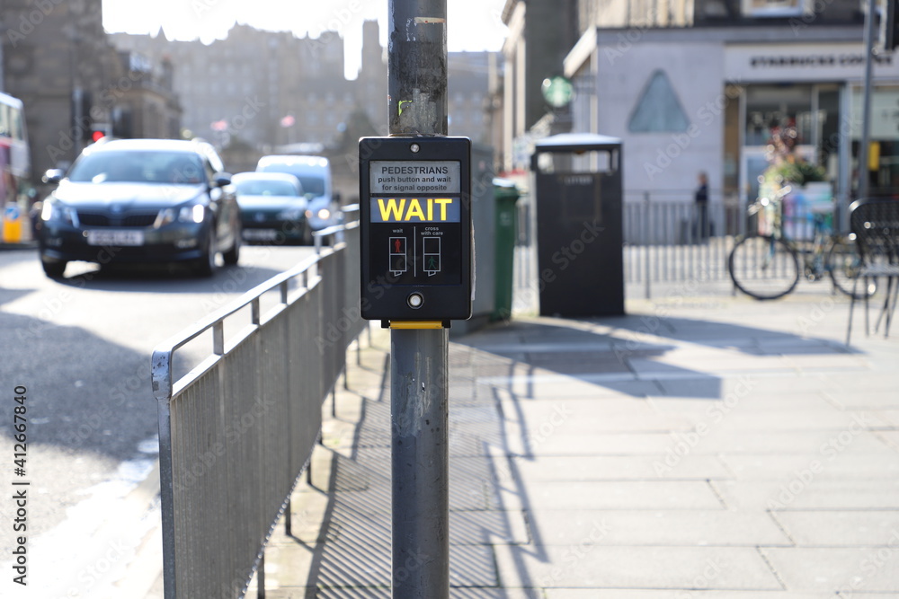 Pedestrian Crossing Control Panel Signalling To Wait Stock Photo ...