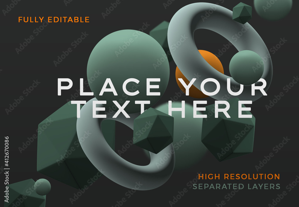 Floating Cluster of 3D Geometric Shapes on Dark Background Mockup Stock ...