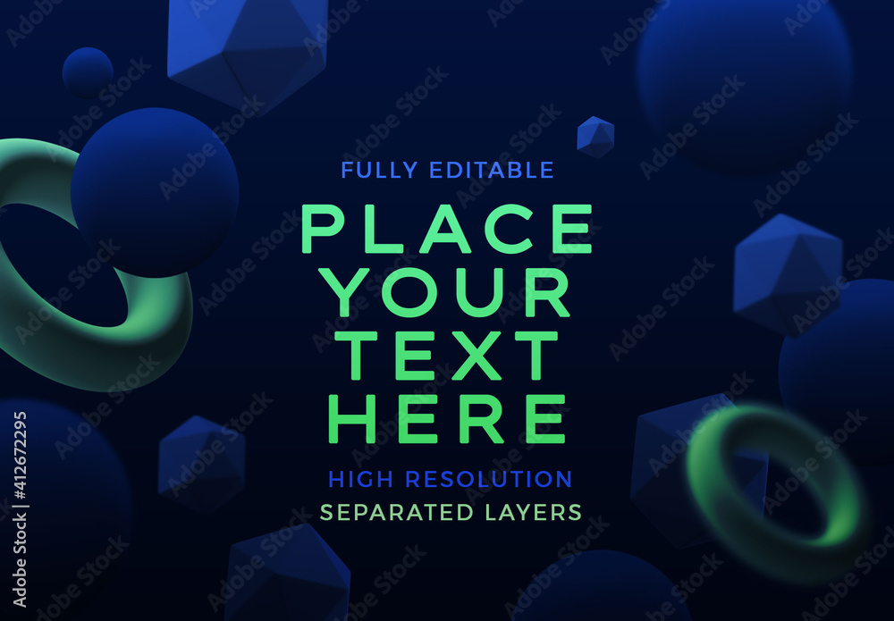 Blue and Neon Green Geometric Shapes Floating in Space Mockup Stock ...
