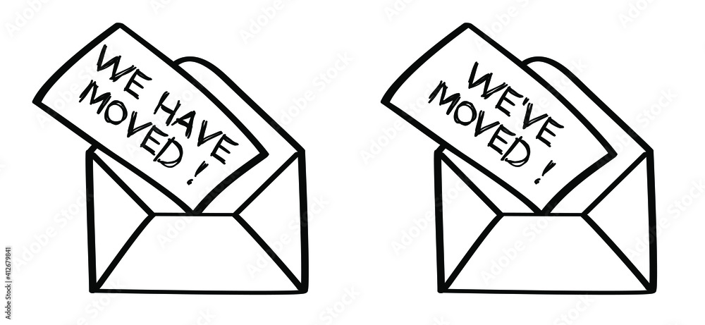 Postcard. Slogan We have moved, changed address. Map location pointer ...