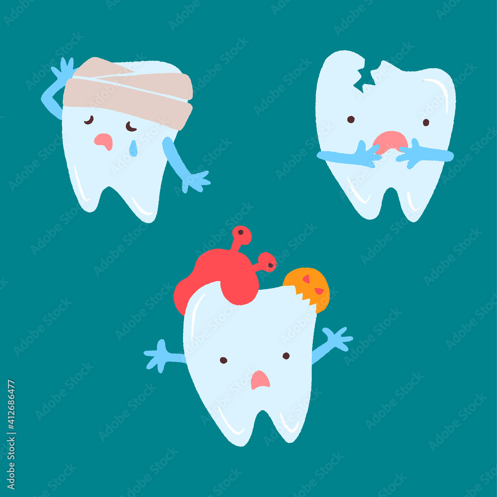 Cute teeth set. Hand drawn cartoon characters with different emotions ...