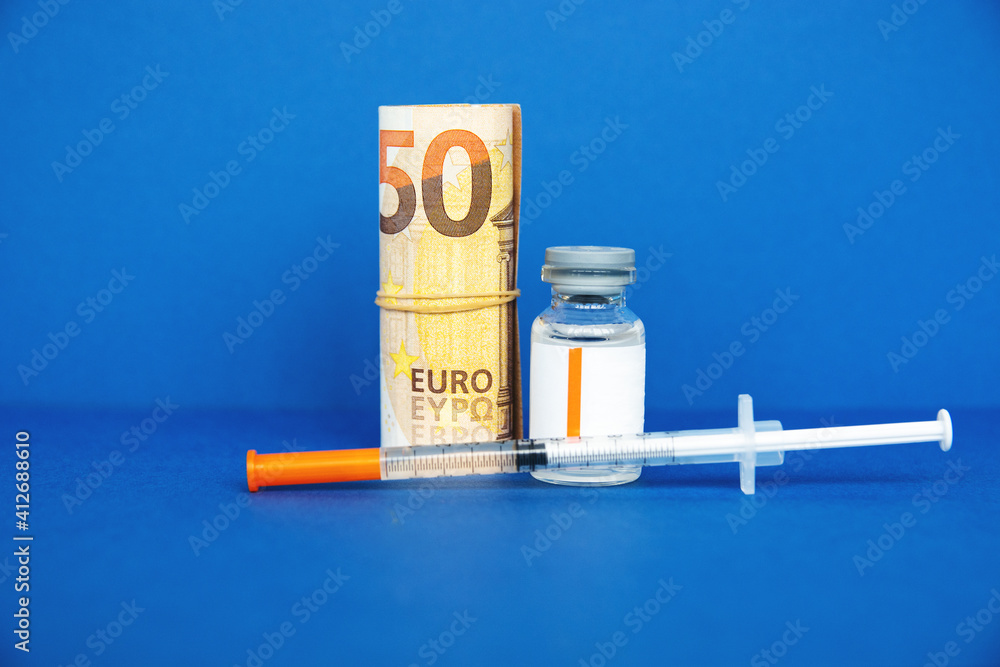 money euro banknotes passport, syringe and vaccine international ...