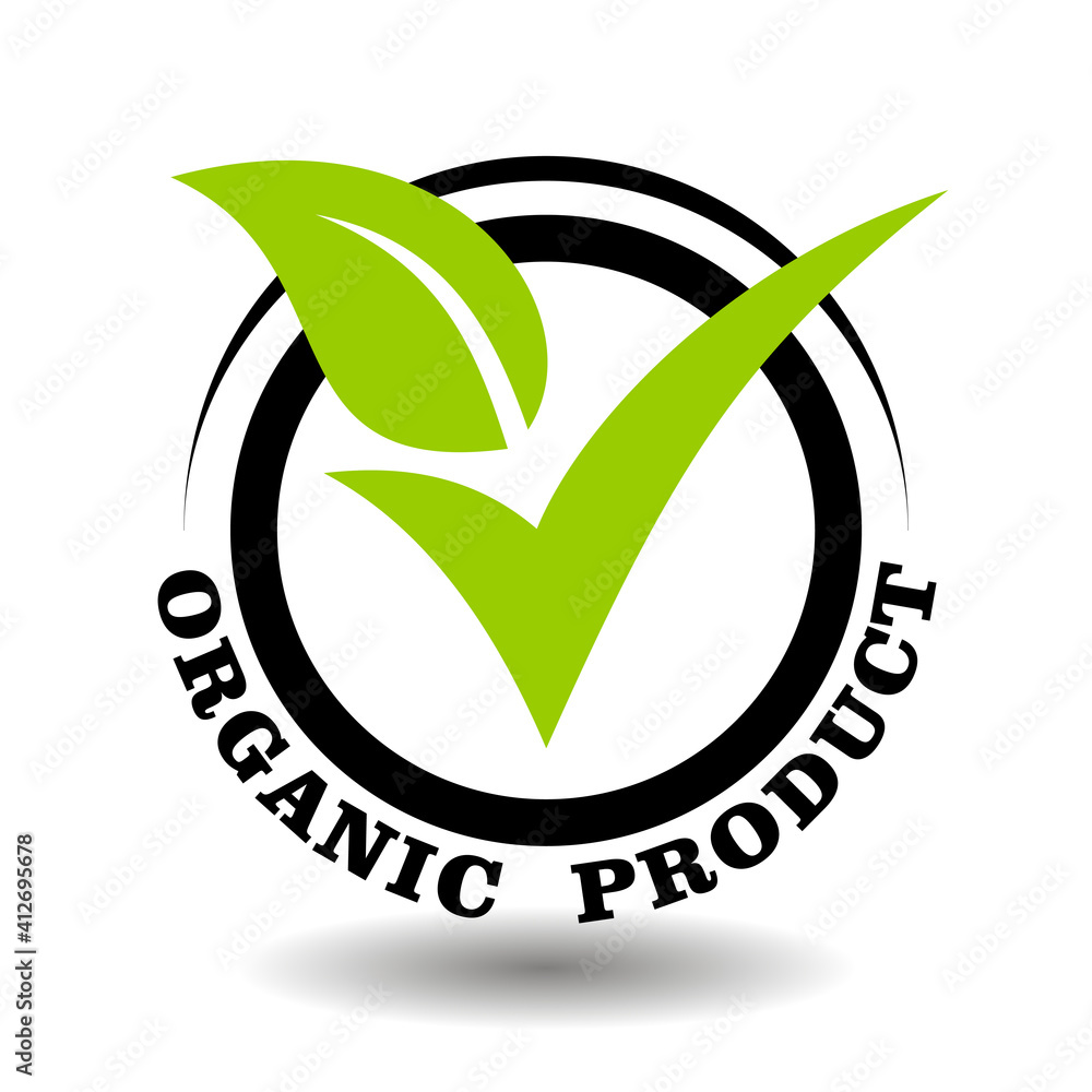 Organic product vector stamp with green leaf illustration as check mark ...