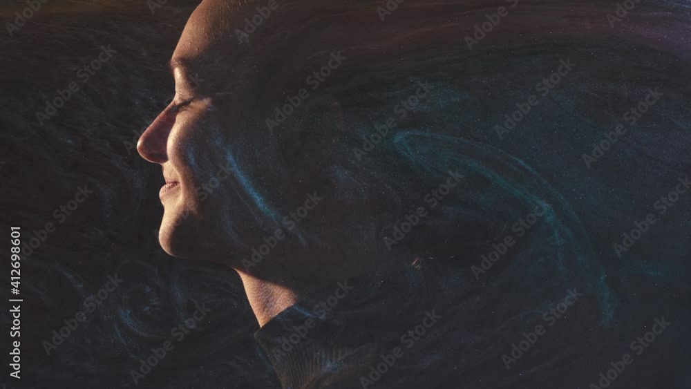 Double exposure silhouette. Female universe. Galaxy vortex. Cosmos ...