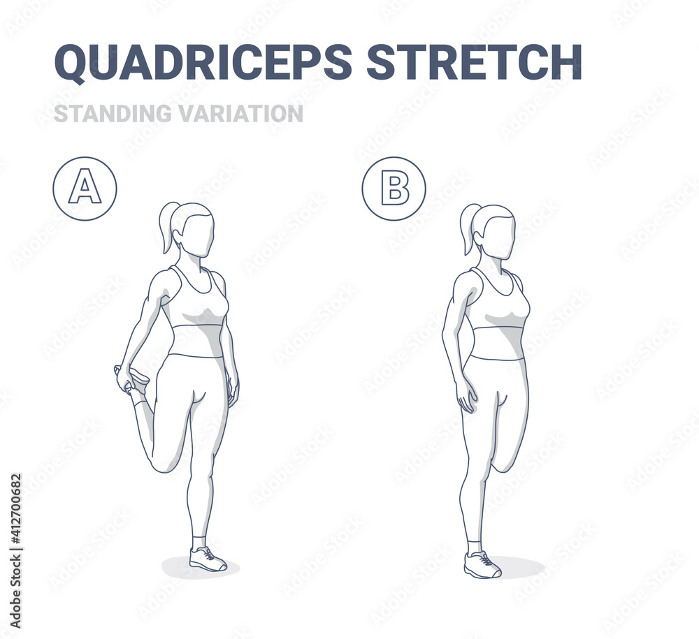 Standing Quadriceps Stretch Girl Home Workout Exercise Guidance. Young ...