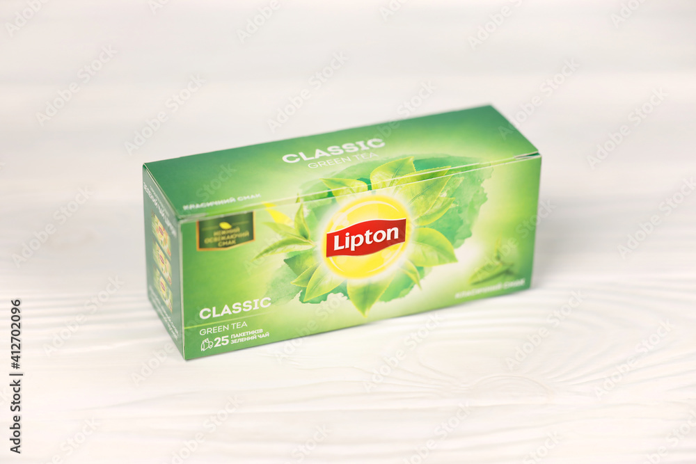 KHARKOV, UKRAINE - DECEMBER 8, 2020: Lipton classic green tea bags ...