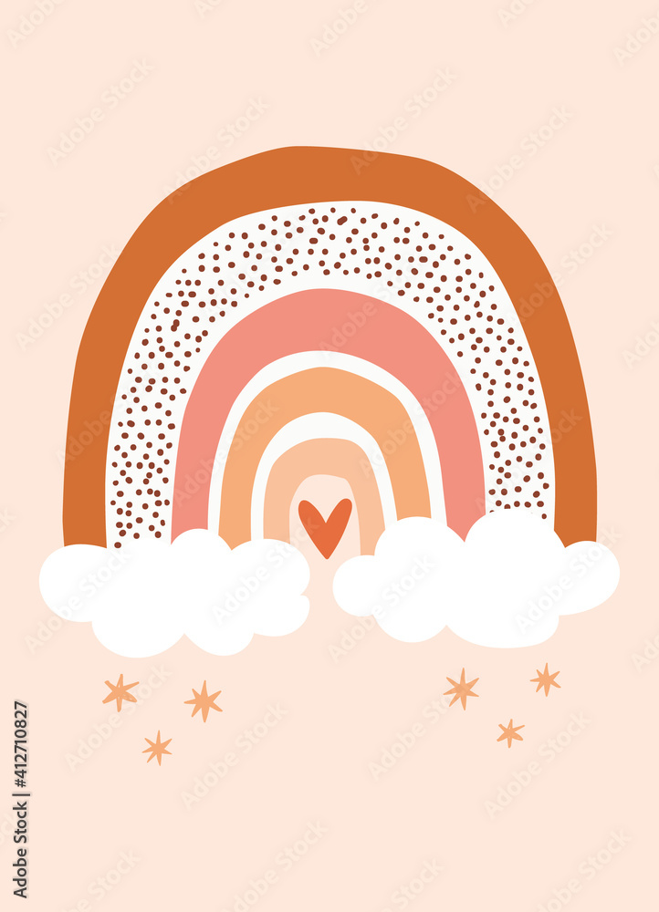 Cute Handdrawn Boho Rainbow with Clouds and Little Heart on Peach ...