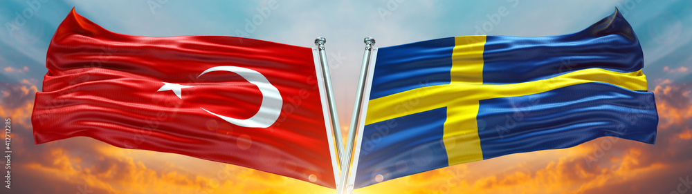 Sweden Flag and Turkey flag waving with texture sky Cloud and sunset ...