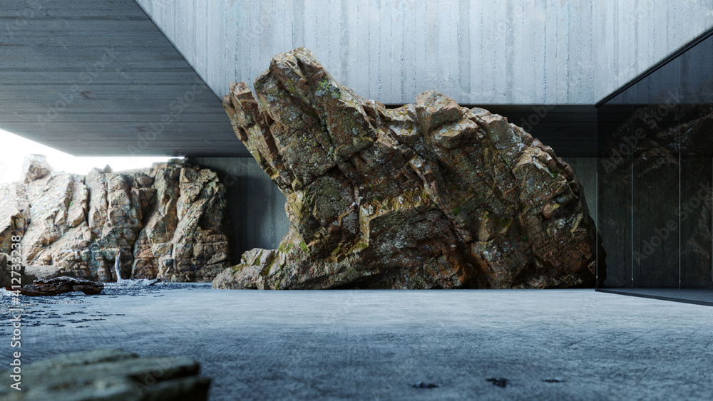 Cliff rock in abstract contemporary interior, architecture 3D Rendering ...