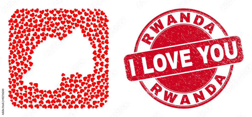 Vector collage Rwanda map of love heart items and grunge love seal ...