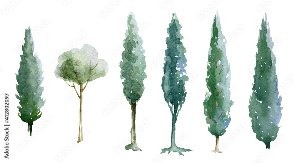 Green tree watercolor illustration set. Natural cypress trees. Hand ...