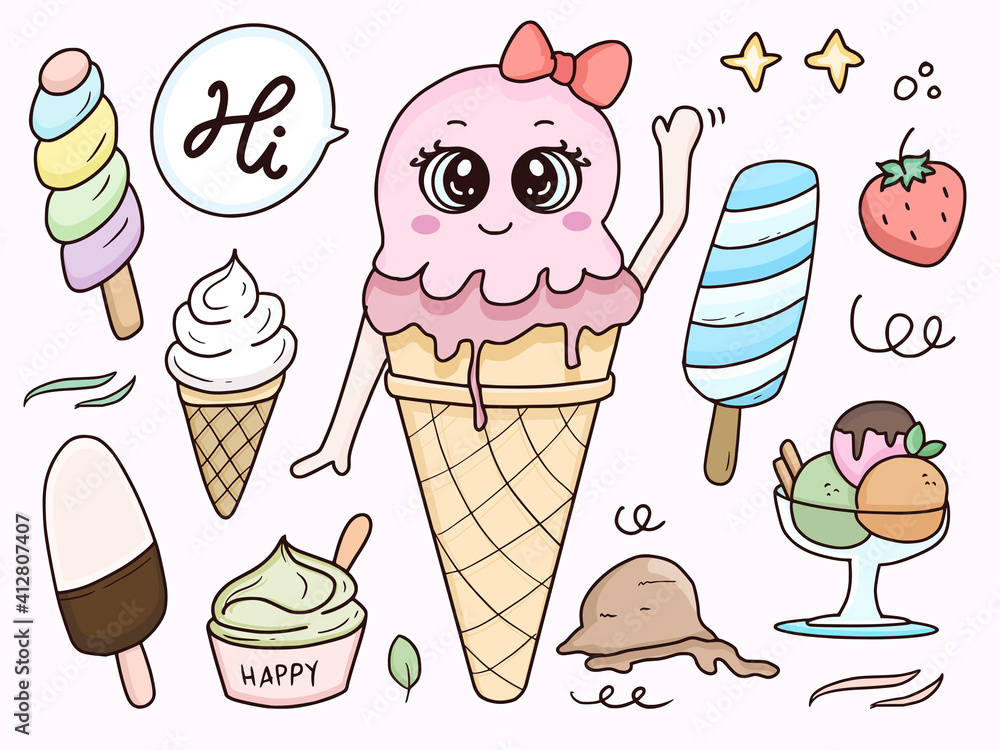 Cute ice cream character set cartoon drawing illustration cartoon for ...