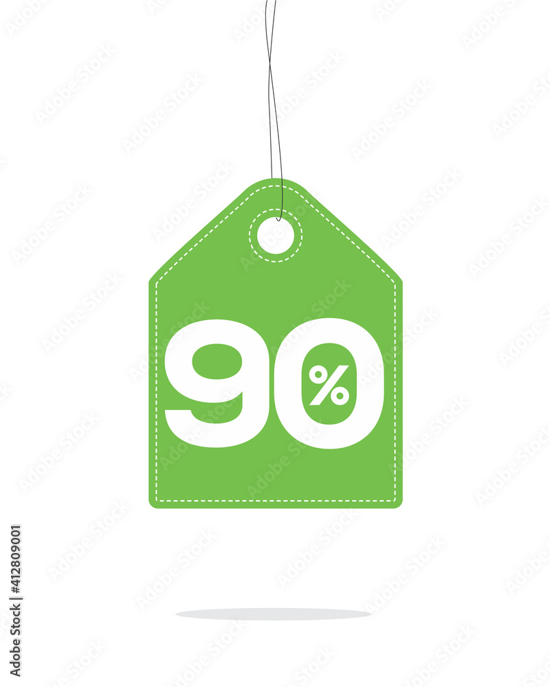 Vector green hanging price tag label designed with 90% text and ...