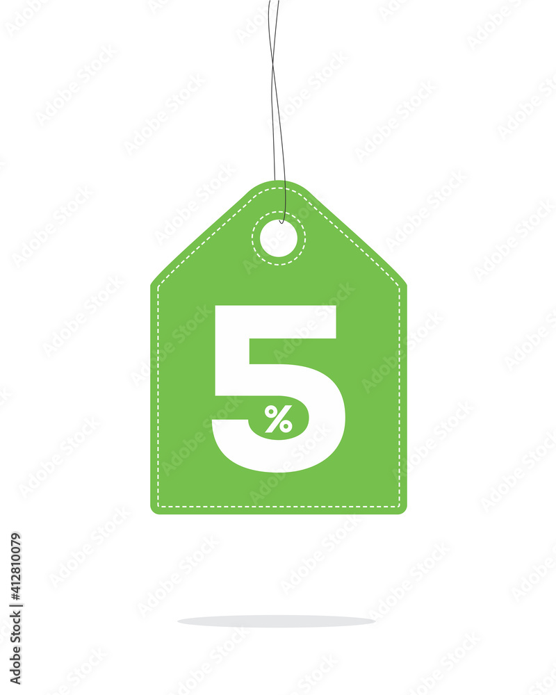 Vector green hanging price tag label designed with 5% text and stitches ...