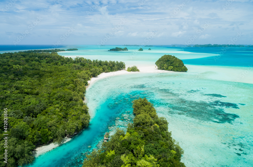 Aerial view of tropical islands in Palau, beaches, lagoon, reefs and ...
