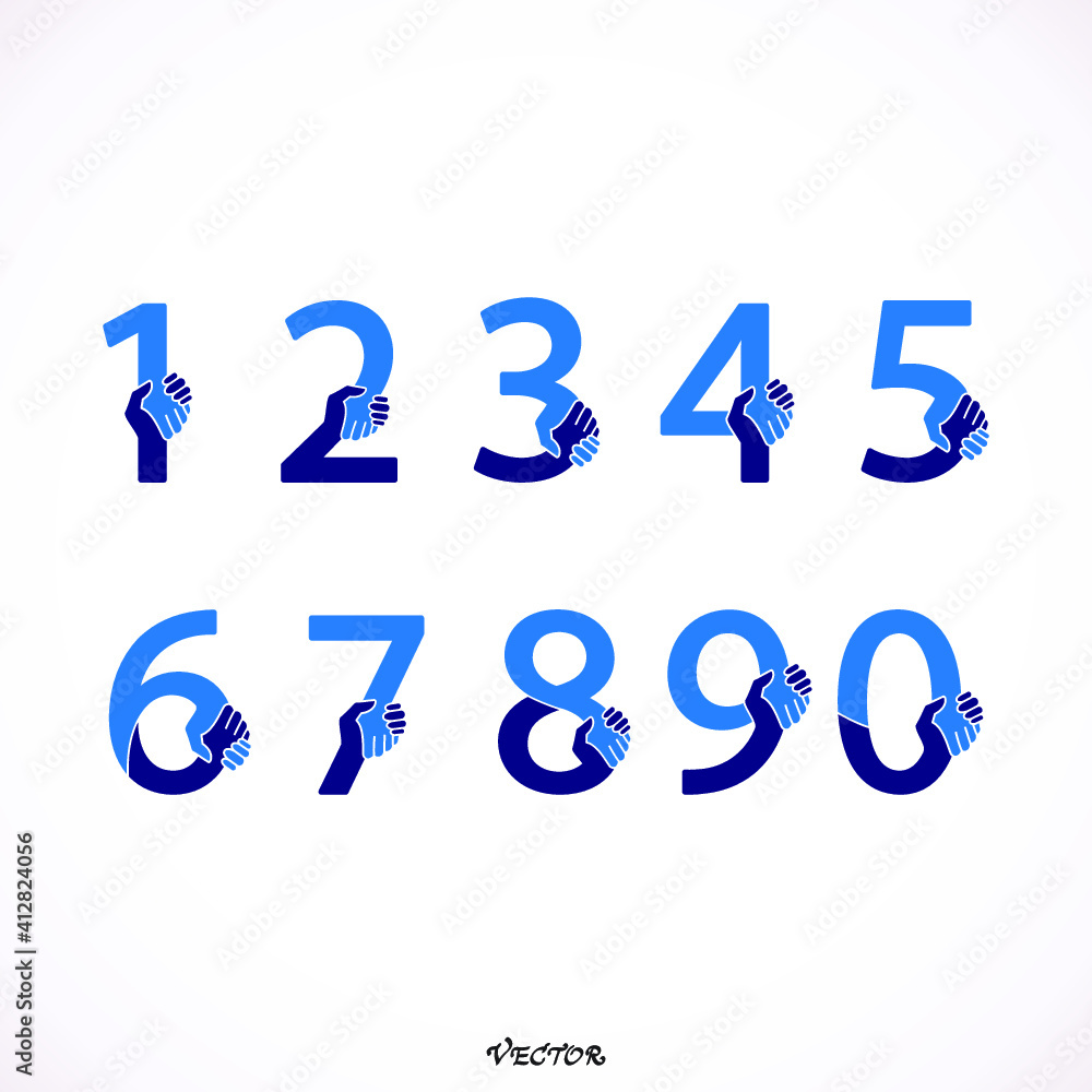 Set numbers handshake. Vector blue numbers. 1, 2, 3, 4, 5, 6, 7, 8, 9 ...