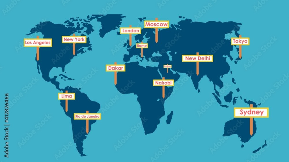 Globe with destinations, world map with famous cities. Animated ...