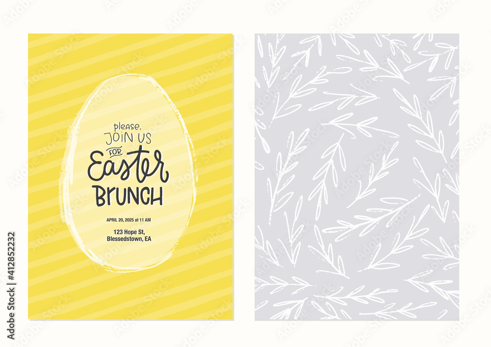 Easter brunch party invitation with egg frame and botanical background ...