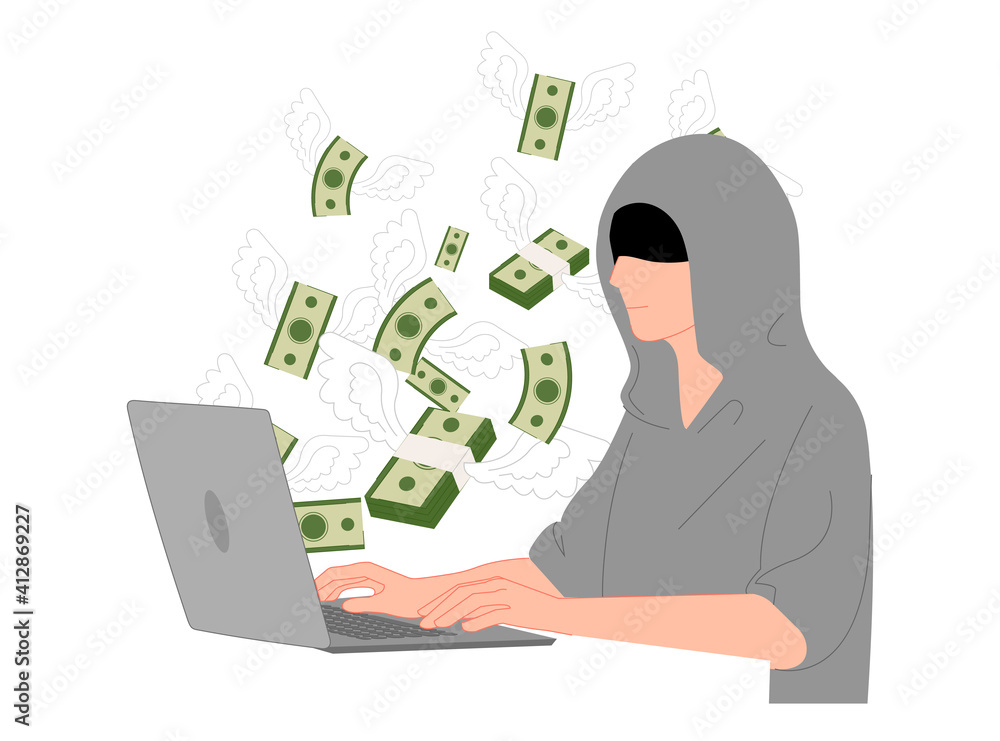 Hacker next to laptop. Vector illustration Cartoon flat design modern ...