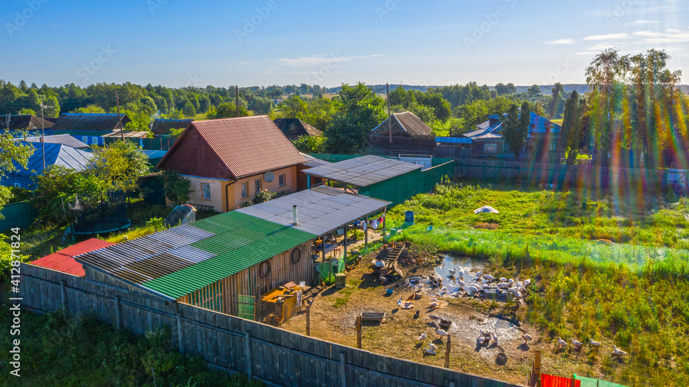 Aerial view of rural houses in a village in Ukraine. Typical rural ...