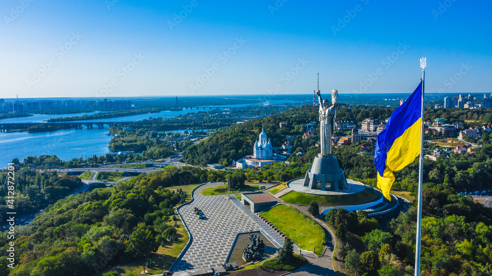 Aerial view to the Beautiful landscape city Kiev with a Dnepr river ...