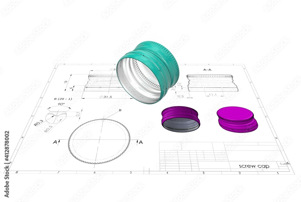 3d illustration of bottle screw cap above engineering drawing Stock ...