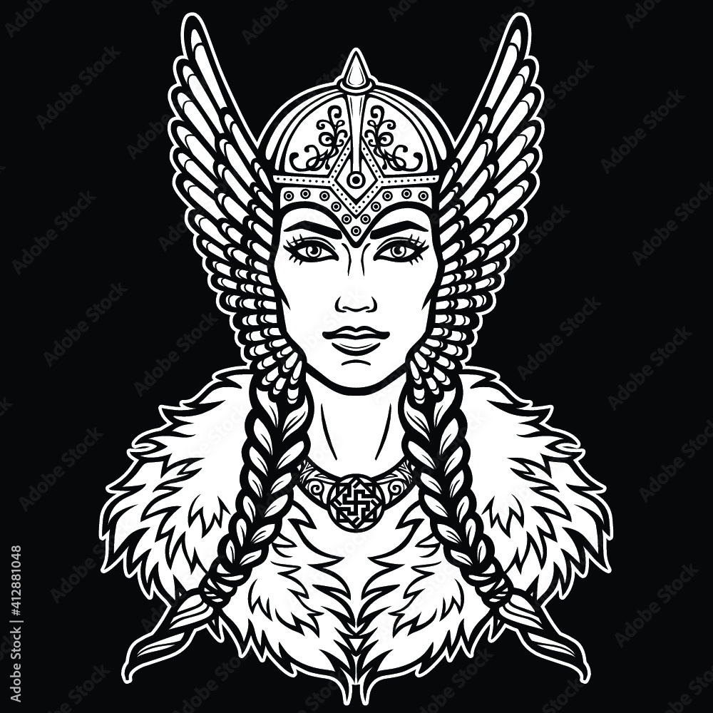 Animation portrait of the beautiful young woman Valkyrie. Pagan goddess ...