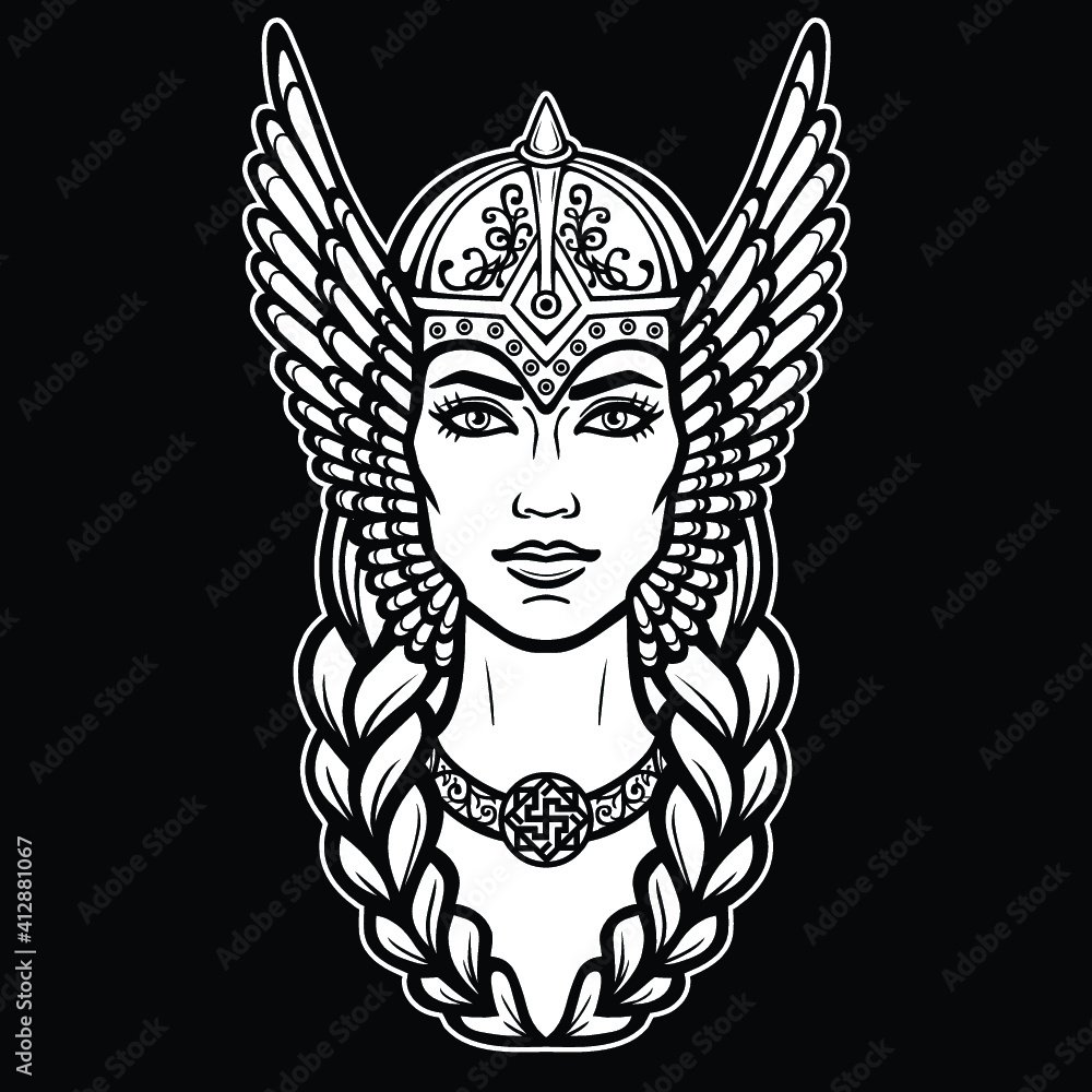 Animation portrait of the beautiful young woman Valkyrie. Pagan goddess ...