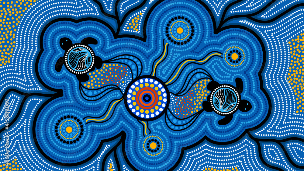 Blue aboriginal painting with turtle Stock Vector | Adobe Stock