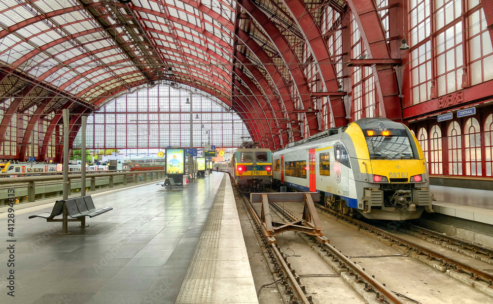 Antwerp, Belgium - May 2019: The train is waiting at the upper deck ...