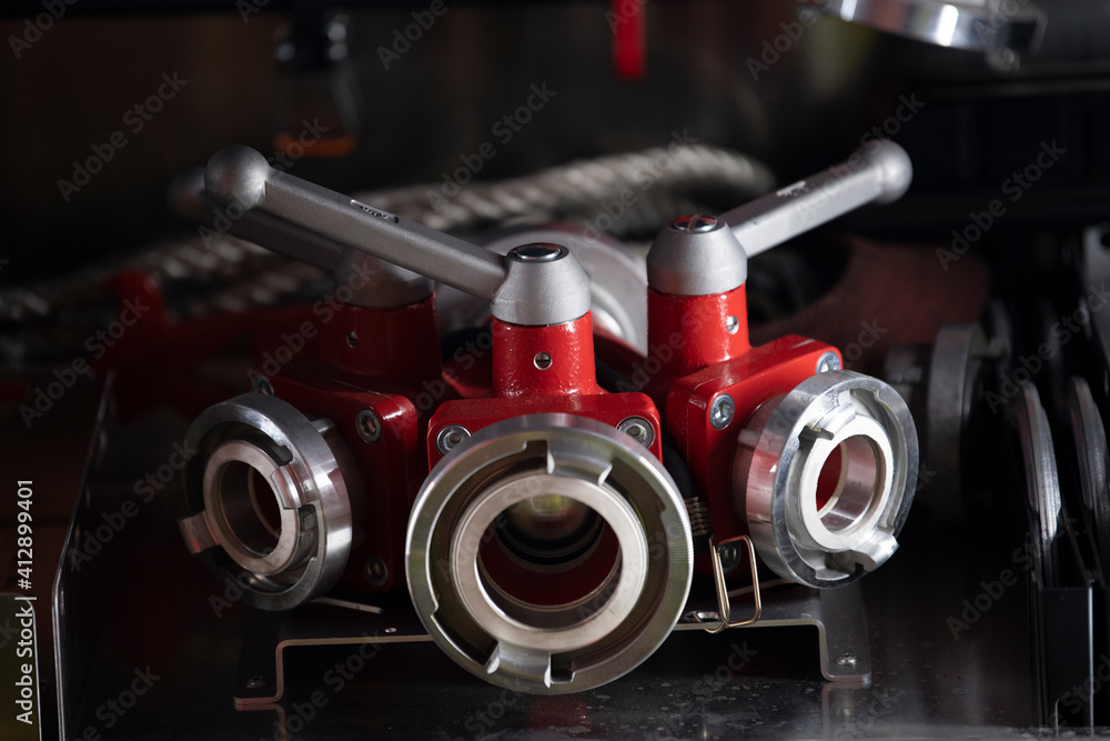 Hoses and faucets of firefighters to connect pumps and hoses. Hydrant ...