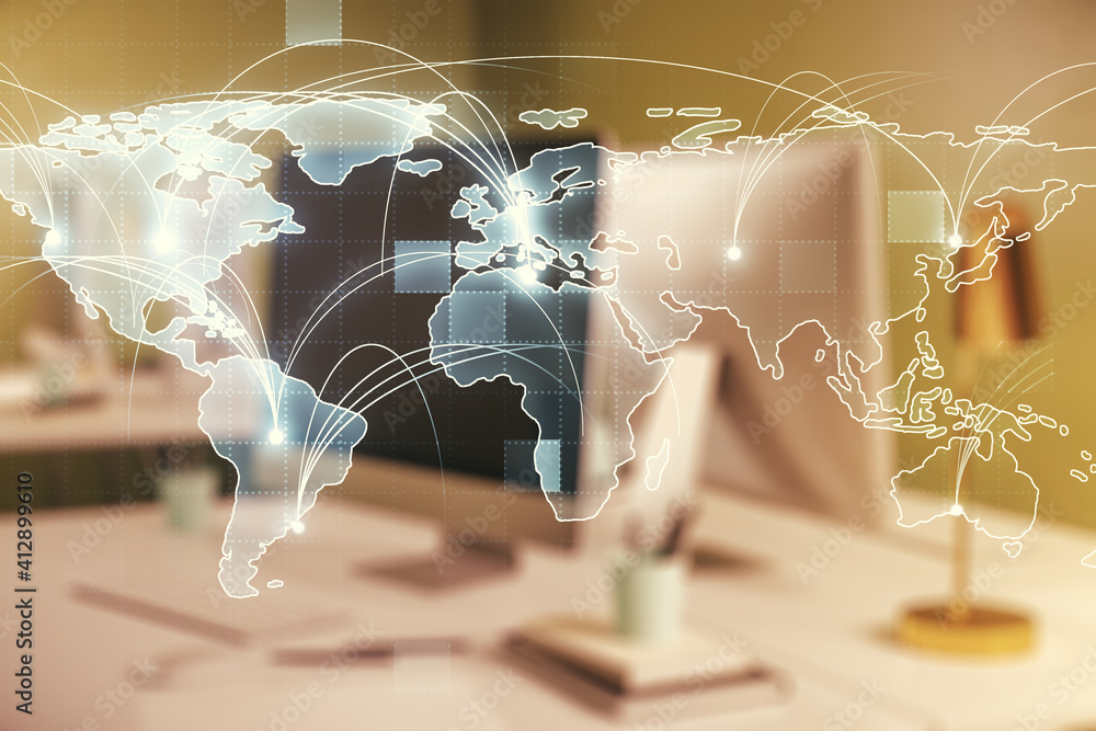Abstract graphic digital world map with connections on modern computer ...