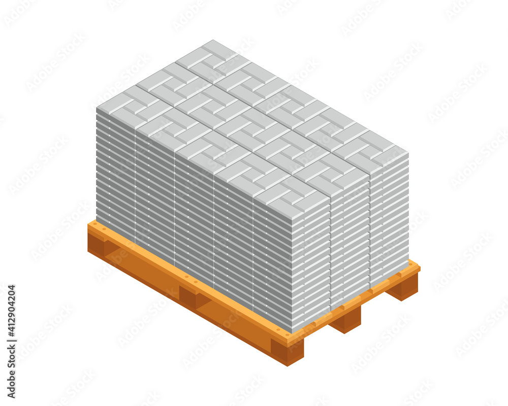 Isometric vector illustration concrete paver blocks on wooden pallet ...