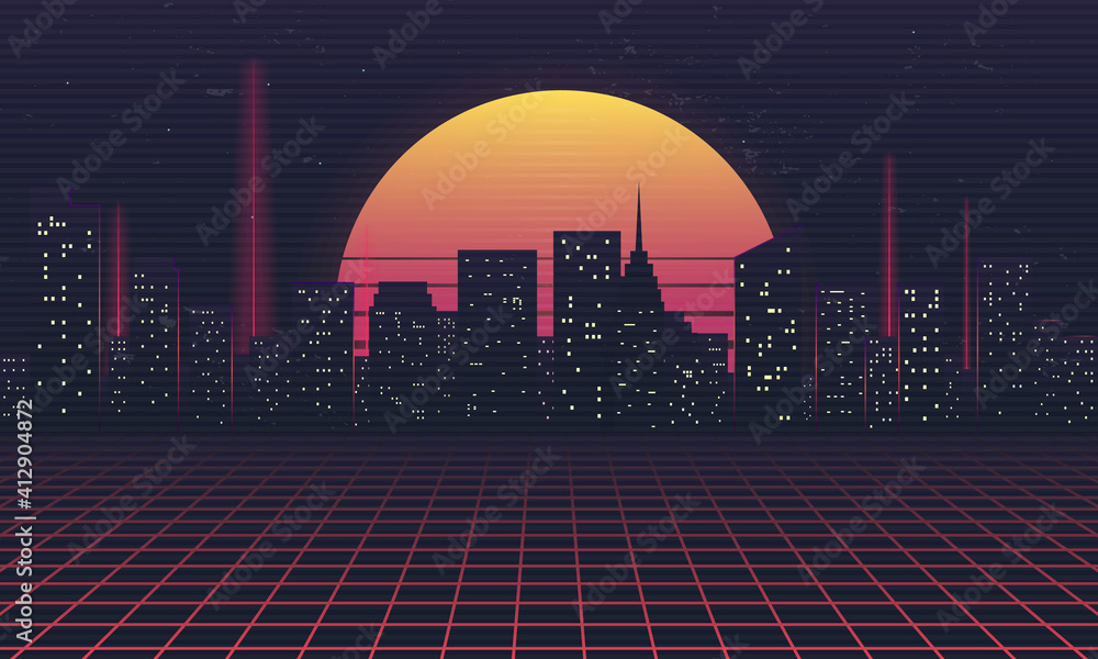 Retro futuristic night city. Cityscape with neon lights, retro sun and ...