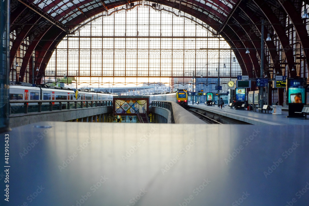 Antwerp, Belgium - Anno 2019: The train is waiting at the platform for ...