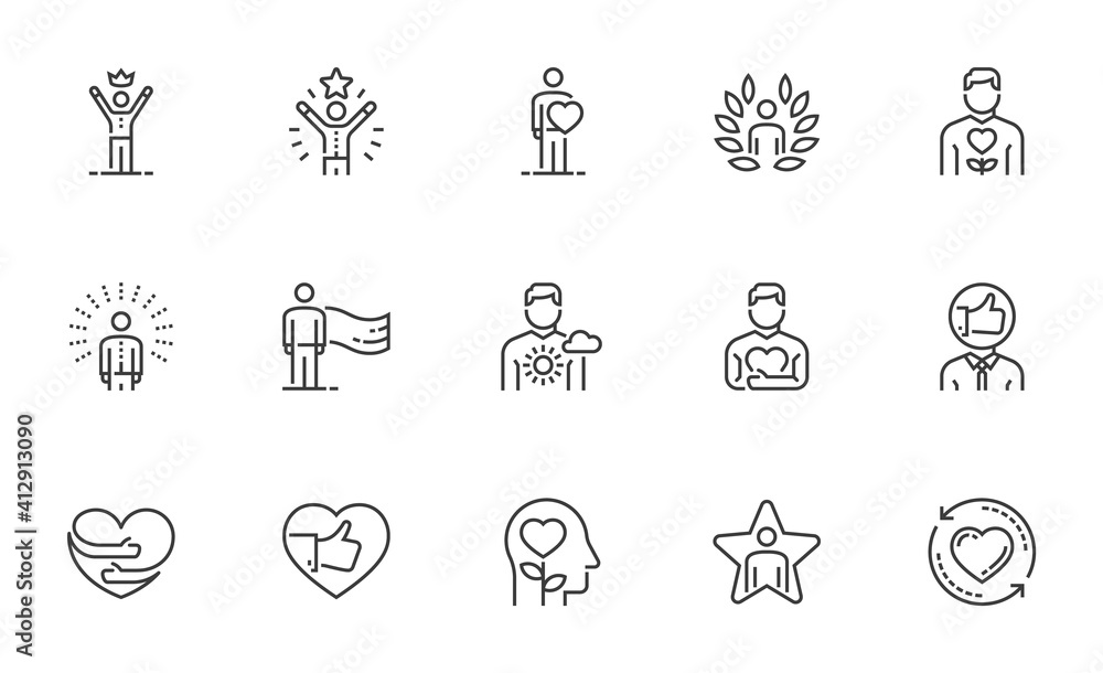 Set of Vector Line Icons Related to Self-esteem. Self-acceptance, Self ...
