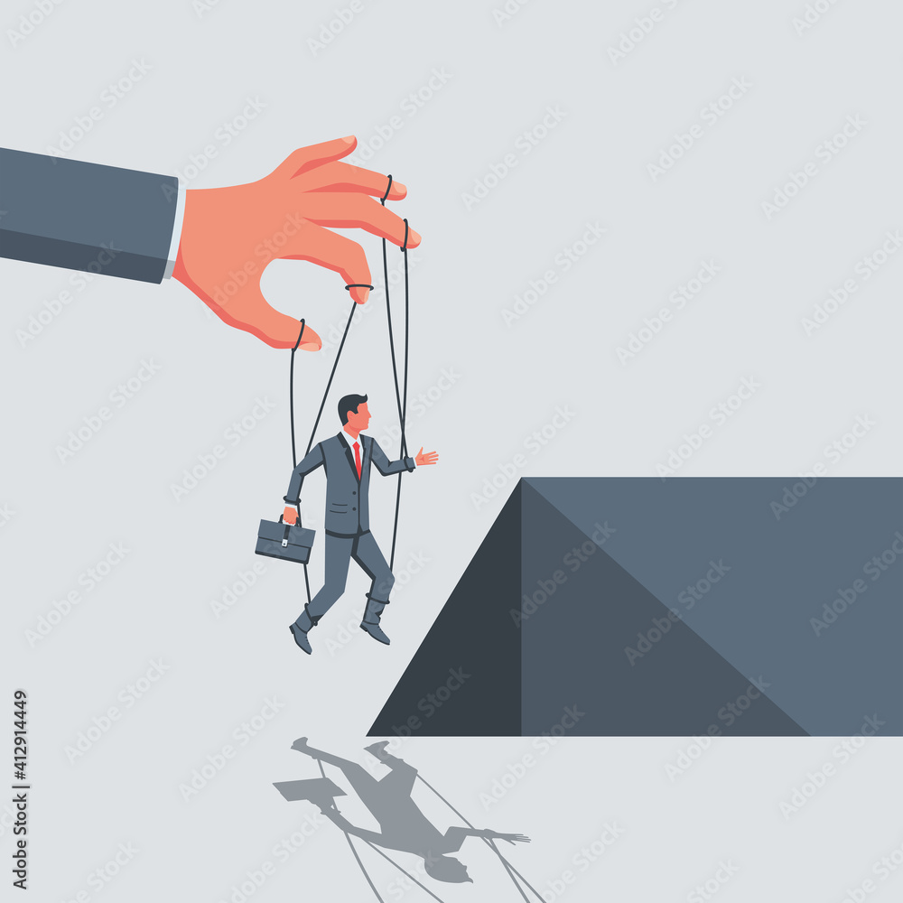 Manipulation concept. Worker on ropes. Abuse of power. Vector ...