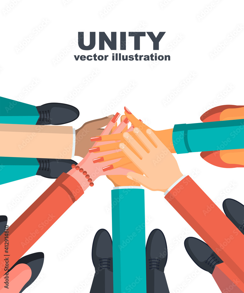 Unity concept. Top view of a group of young business people, holding ...