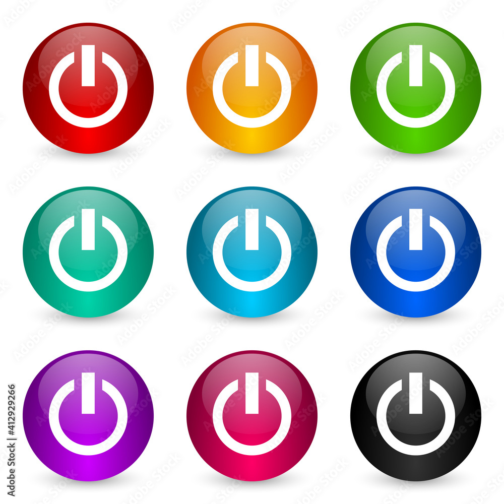 Power icon set, colorful glossy 3d rendering ball buttons in 9 color ...