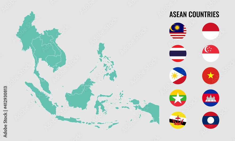 Stockvector Vector illustration of 10 ASEAN Countries map and round flag. Malaysia, Indonesia ...