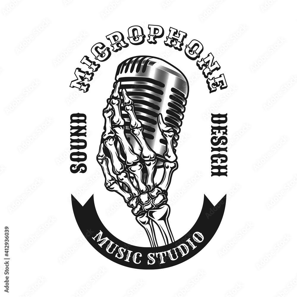 Microphone emblem design. Monochrome element with skeleton hand holding ...