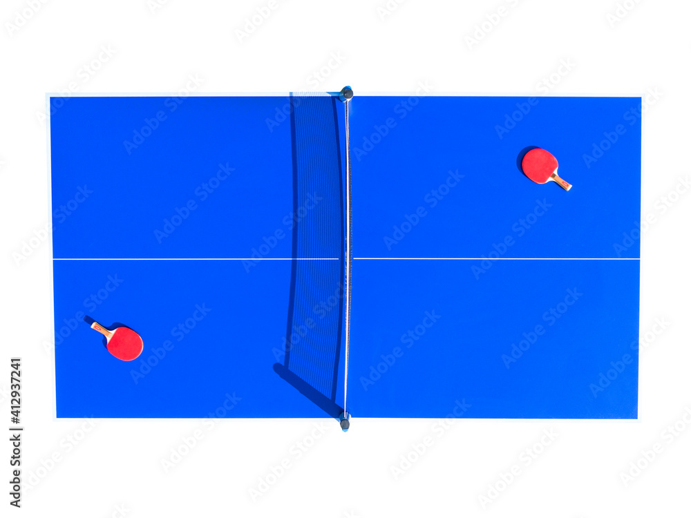 Aerial top view blue table tennis or ping pong isolated on white ...