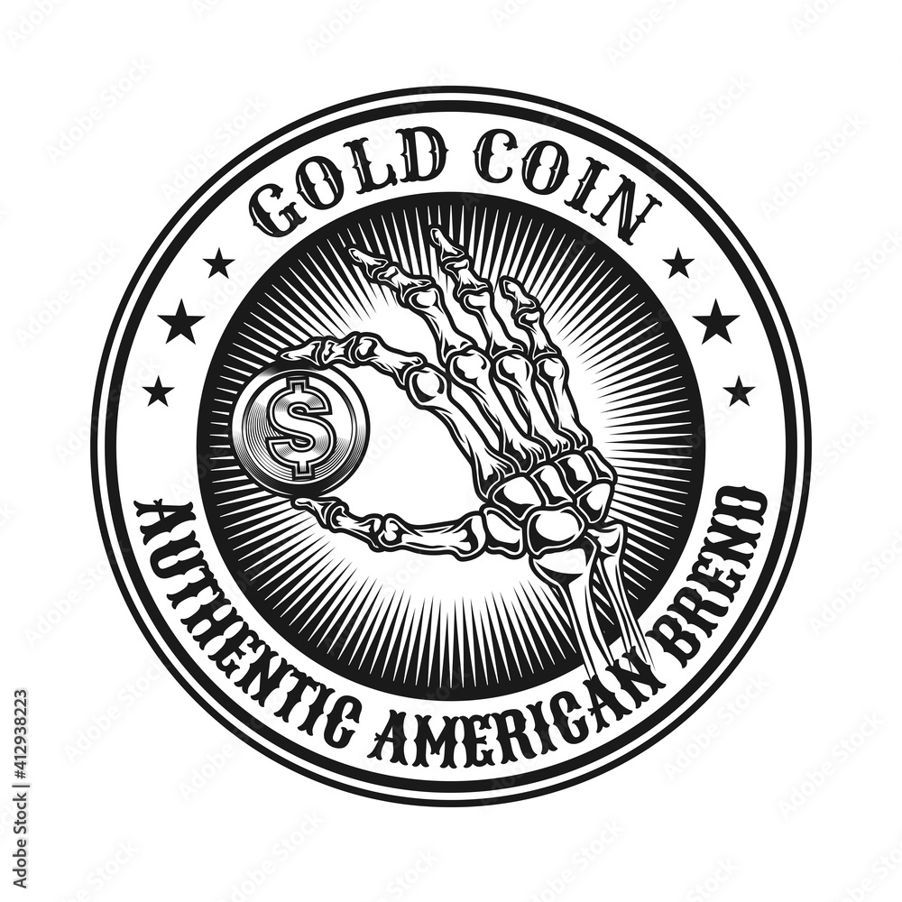 Gold coin stamp design. Monochrome element with skeleton hand holding ...