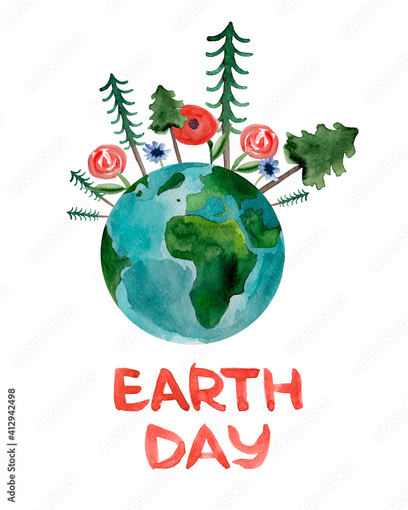 Earth day planet with watercolor flowers. Template for decorating ...